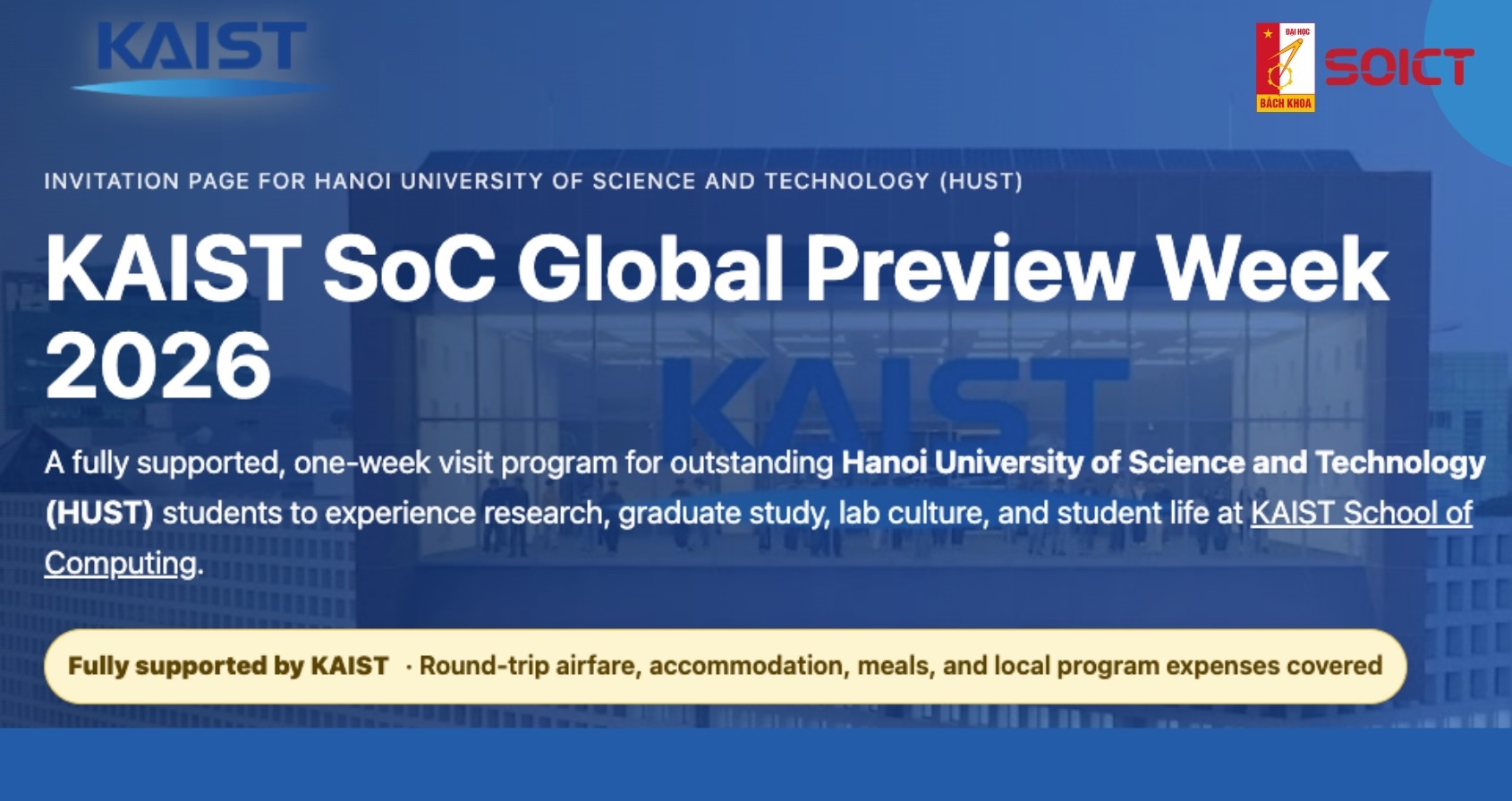Cơ hội tham dự KAIST SoC Global Preview Week 2026 tại Hàn Quốc - SoICT
